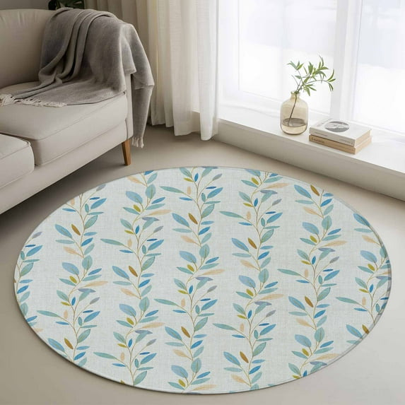 Blue Green Leaves, Round Area Rug 3 FT, Small Kitchen Bathroom Mat, Botanical Watercolor Plant ...