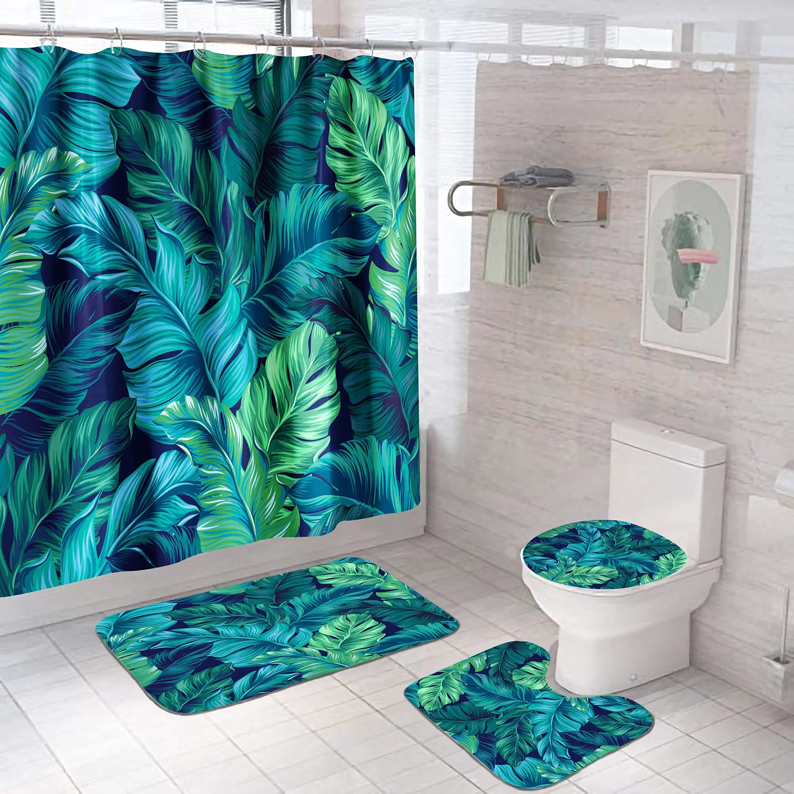 Blue Green Leaves Shower Curtain Set With Non Slip Rug Toilet Lid Cover