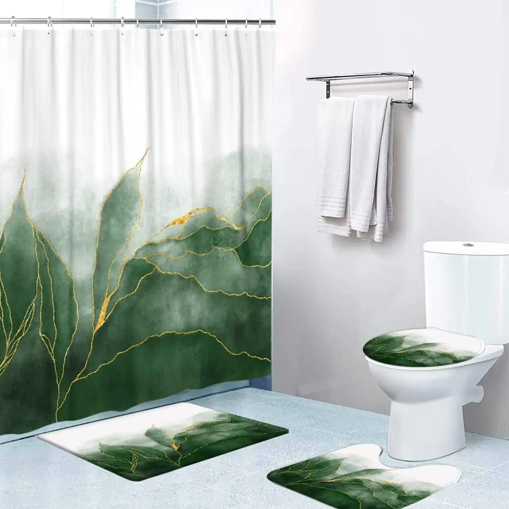 Blue Green Leaves Shower Curtain Set With Non Slip Rug Toilet Lid Cover