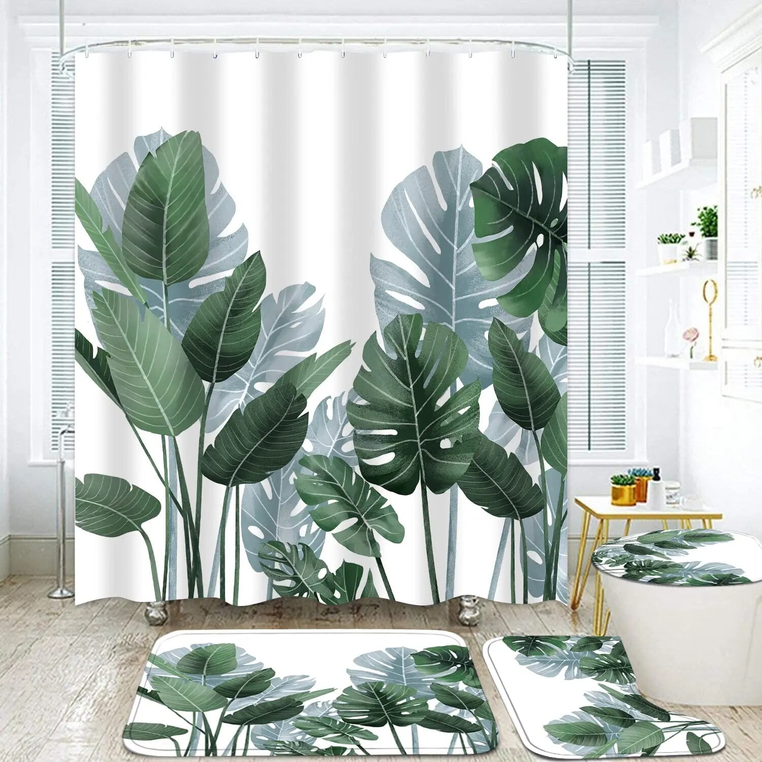 Blue Green Leaves Shower Curtain Set with Non-Slip Rug Toilet Lid Cover ...