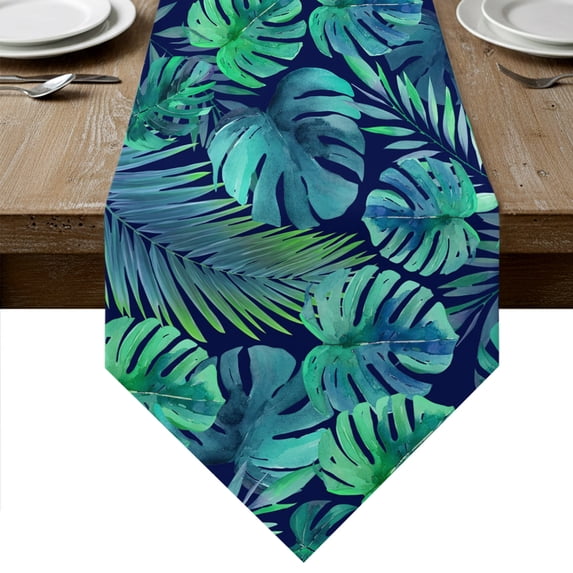 Blue Green Leaves Table Runner Linen Burlap Table Runner 120 Inches ...