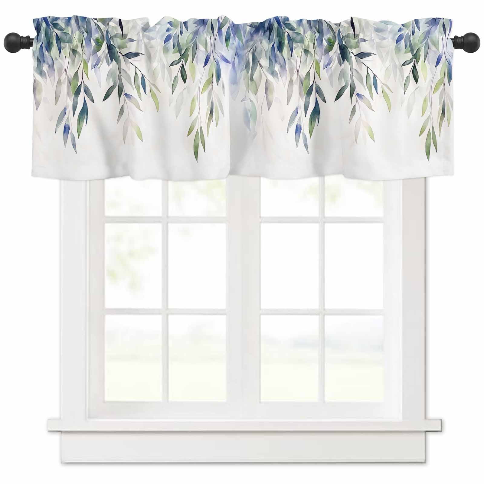 Blue Green Leaves Valances for Windows Farmhouse Kitchen Curtains ...
