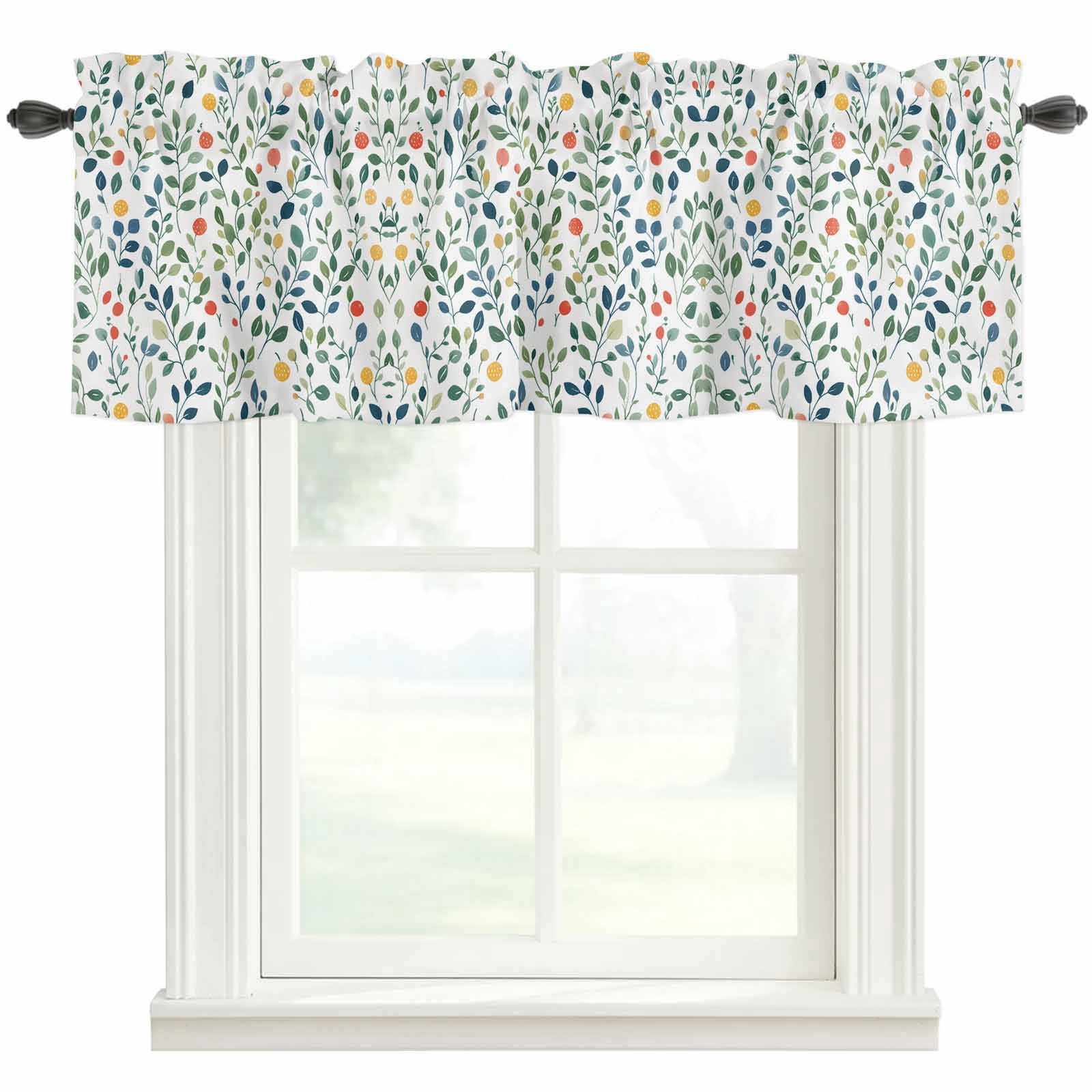 Blue Green Leaves Window Valance Curtain Watercolor Yellow Leaf Plant ...