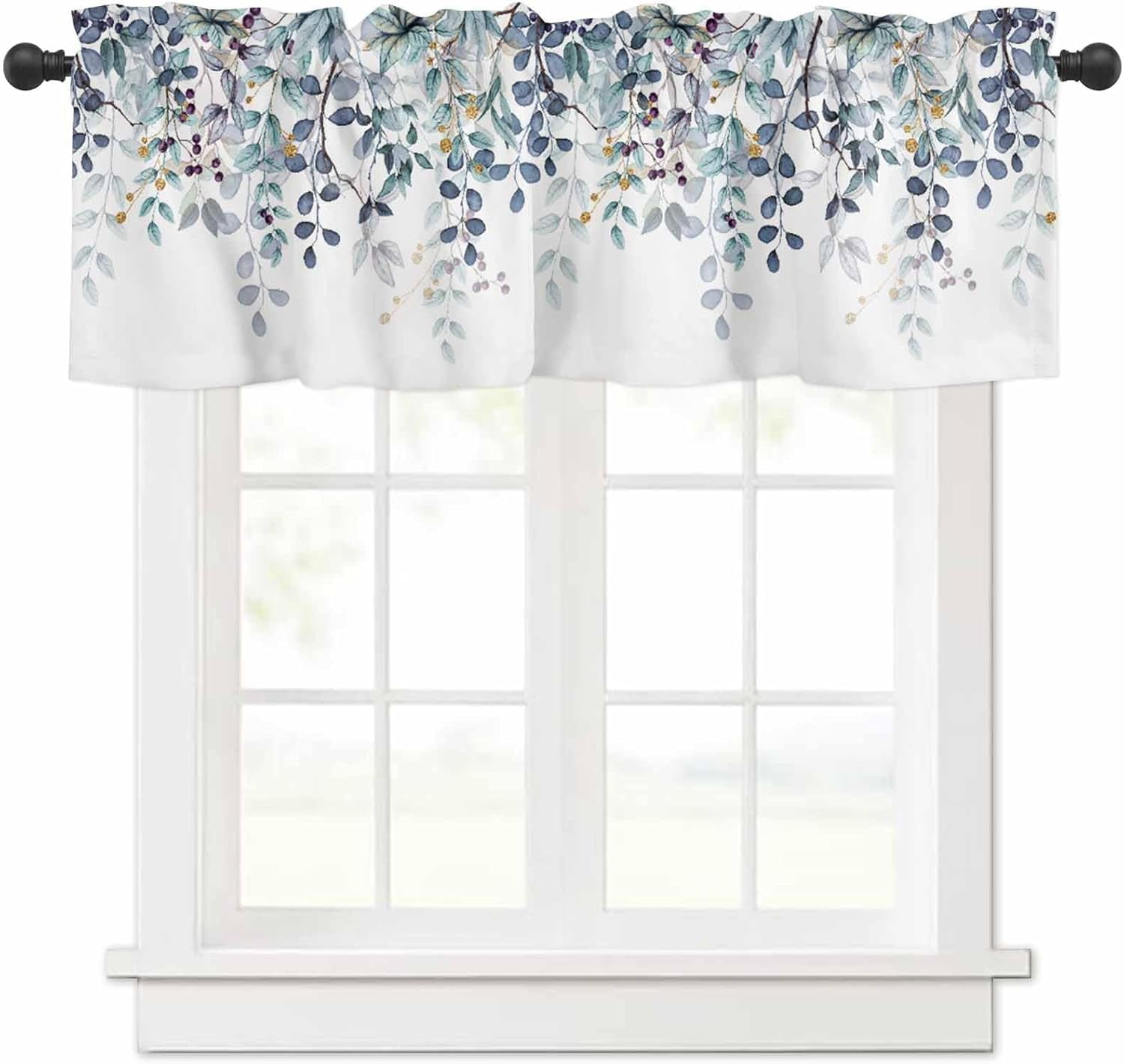 Blue Green Leaves Window Valance, Watercolor Blue Plant Leaf Rod Pocket ...