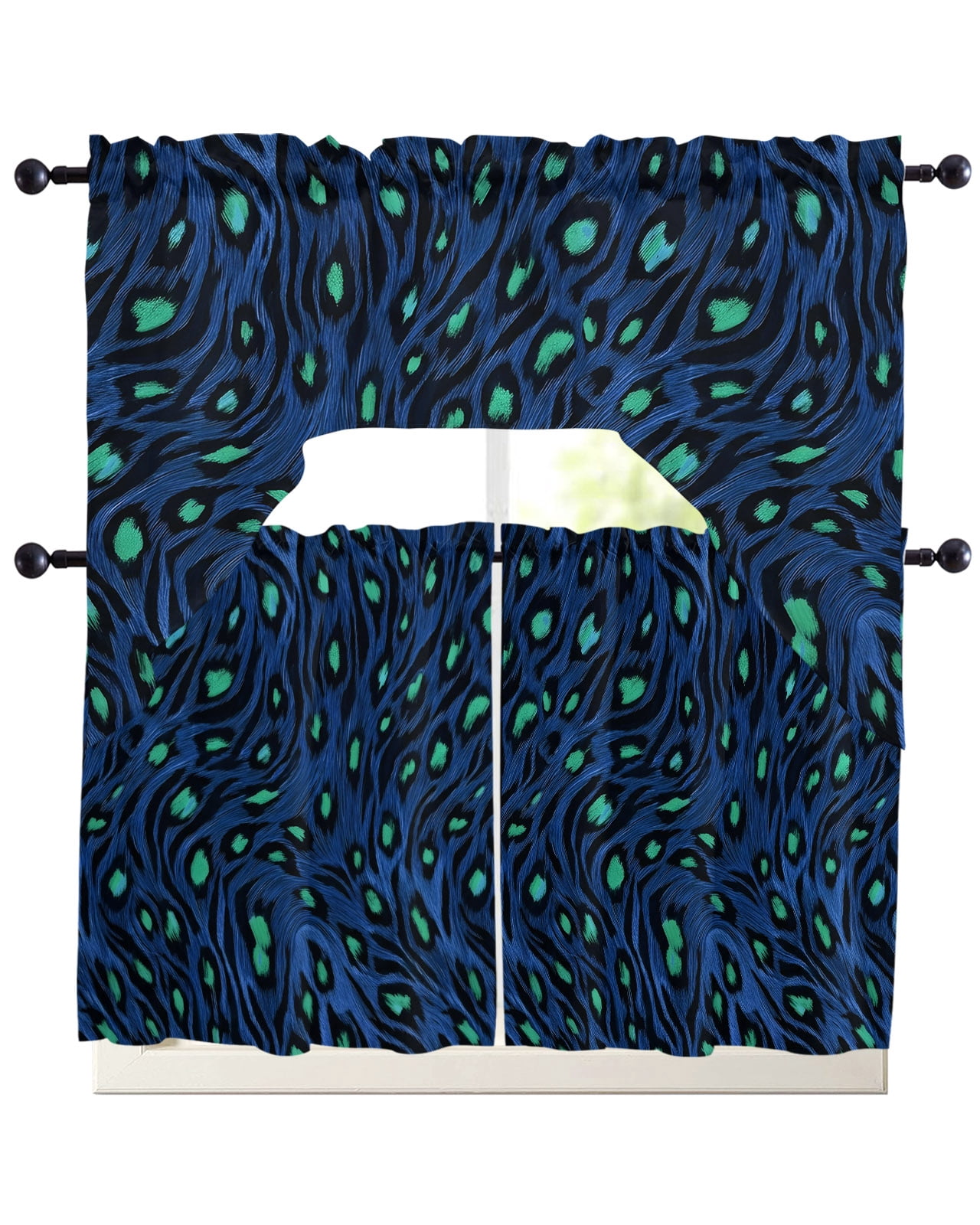 Blue Green Leopard Kitchen Curtains Set for Windows 3 Piece Cafe ...