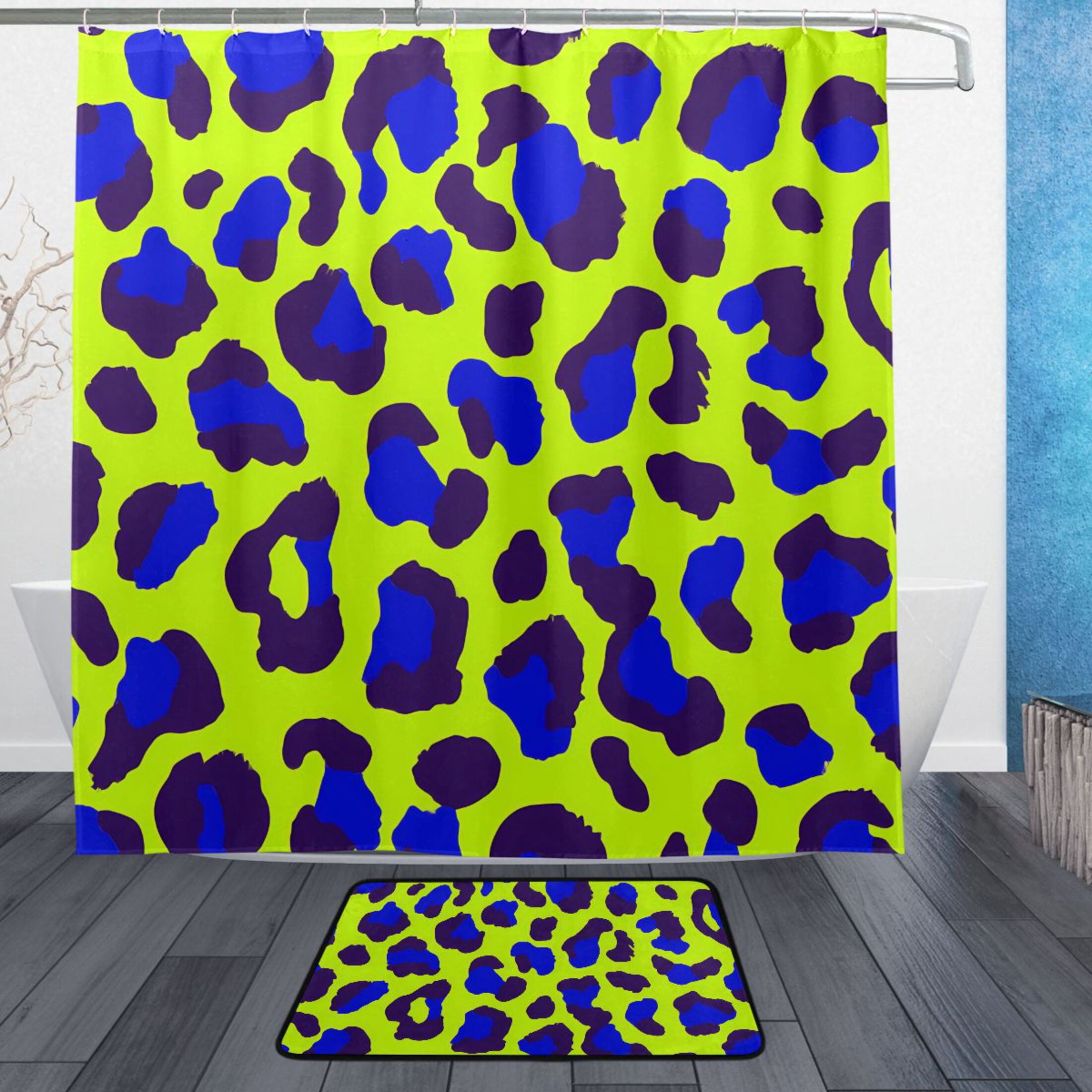 Blue Green Leopard Pattern Bathroom Accessory Sets Waterproof Shower ...