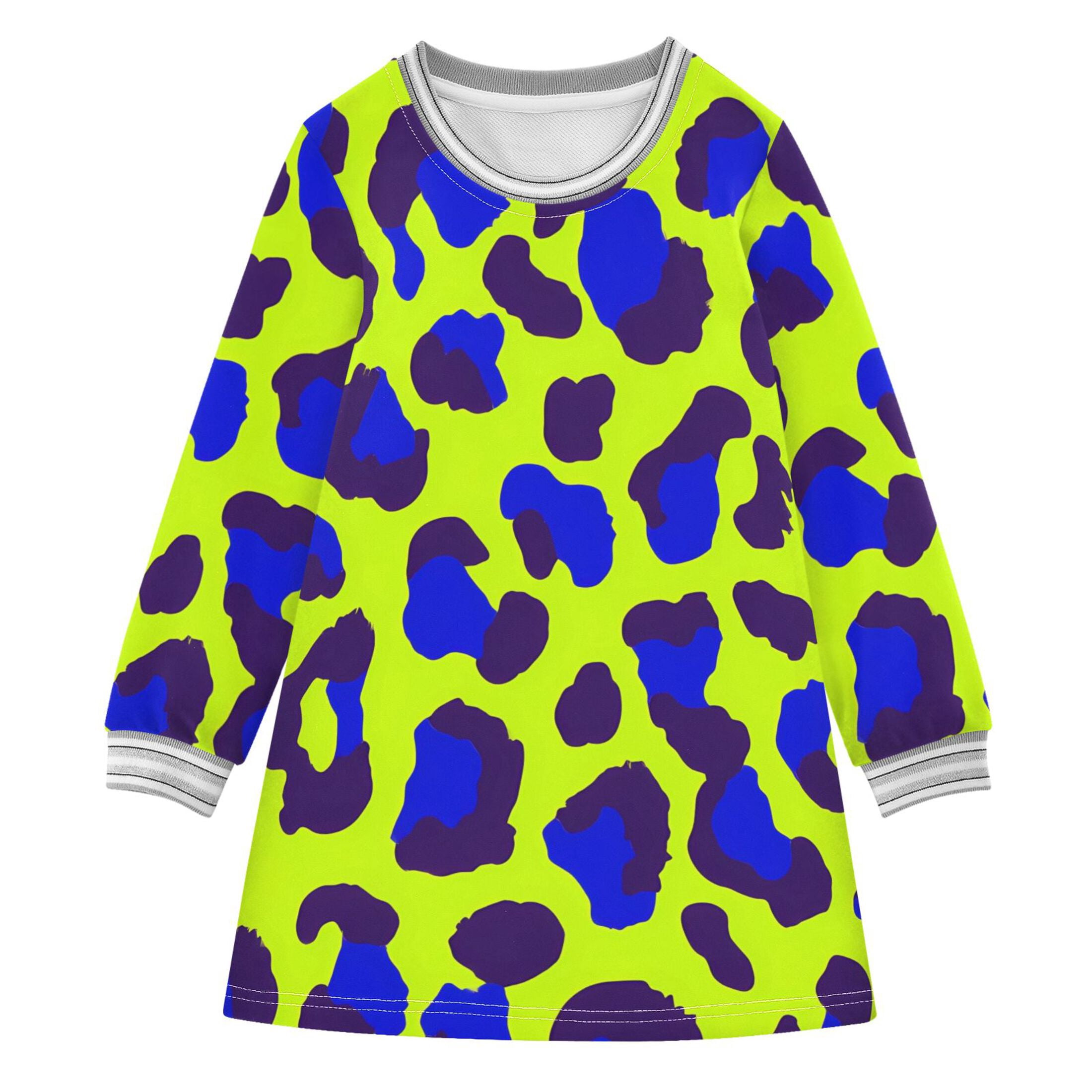 Blue Green Leopard Pattern Girls'long-sleeved dress Thickened A-dress ...