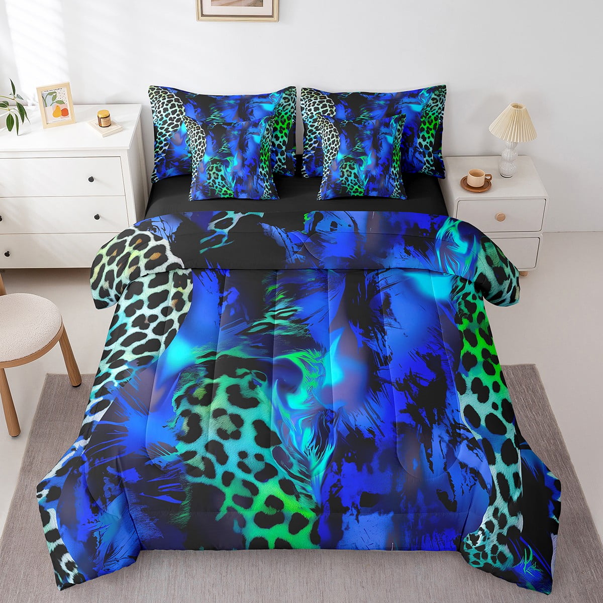 Blue Green Leopard Print Comforter Set 7 Piece Bed in a Bag Twin ...