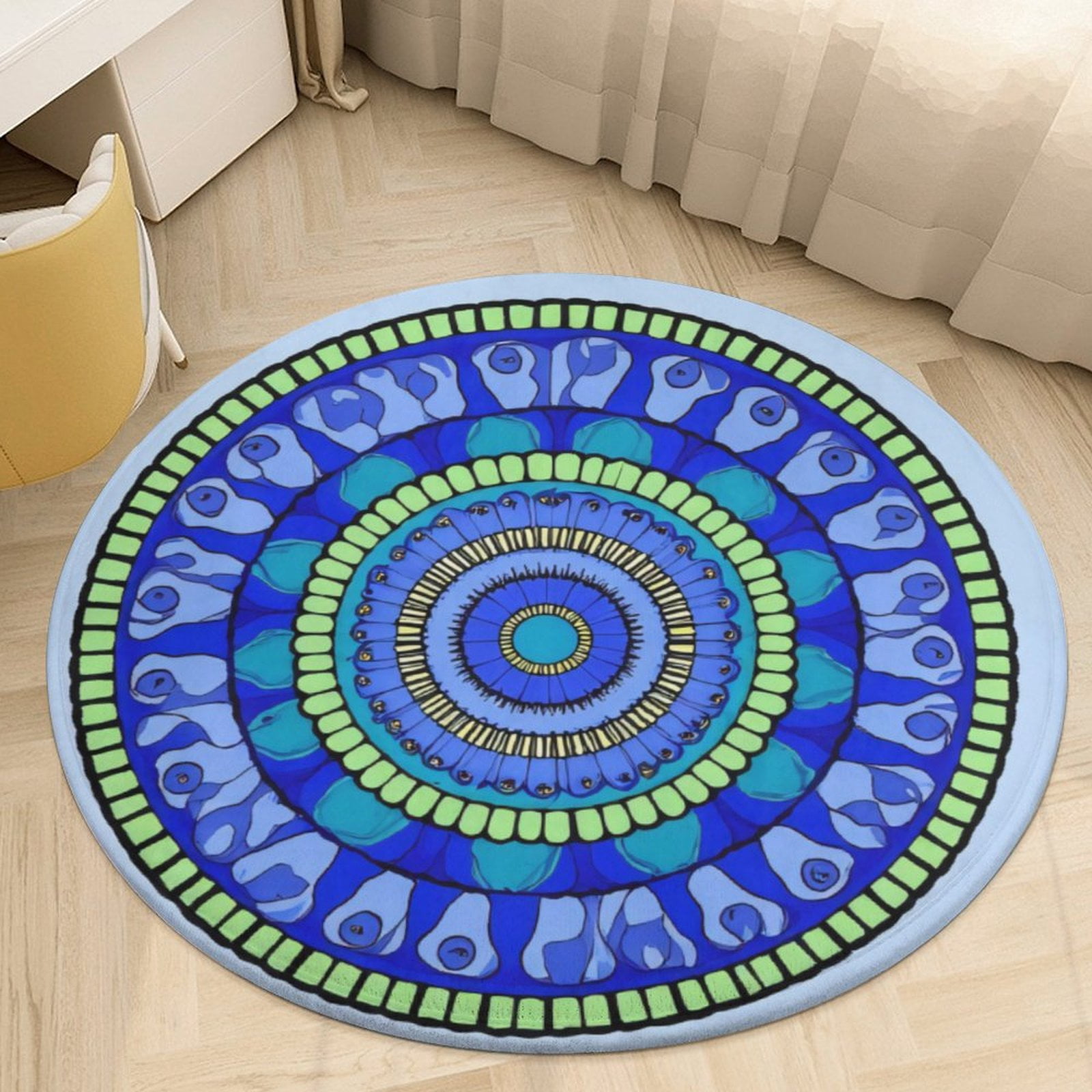 Blue Green Mandala Art Round Area Rugs for Bedroom Living Room, 5FT Soft Indoor Circle Carpets ...