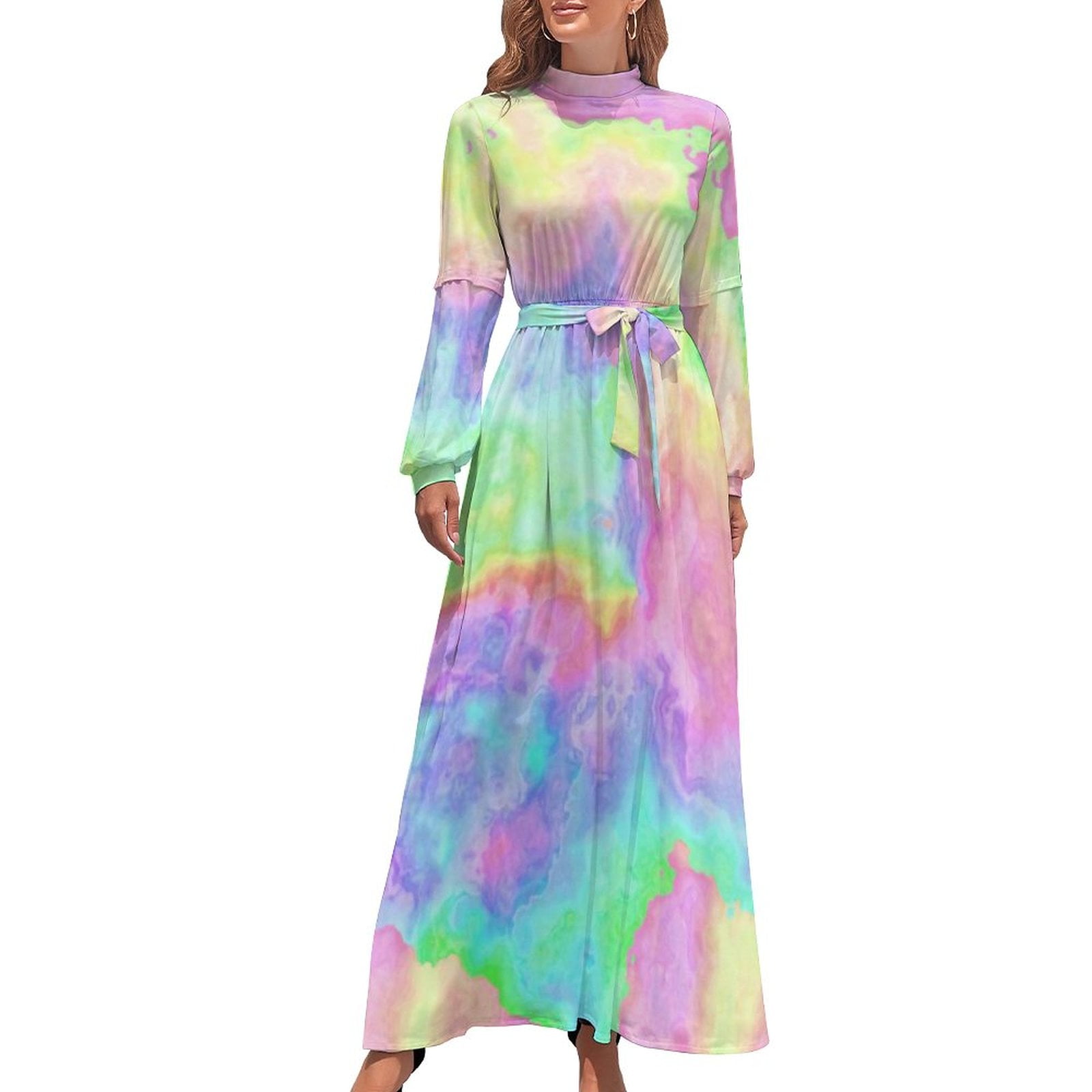 Blue Green Marble Dress Long Sleeve Abstract Graffiti Pattern Vintage ...