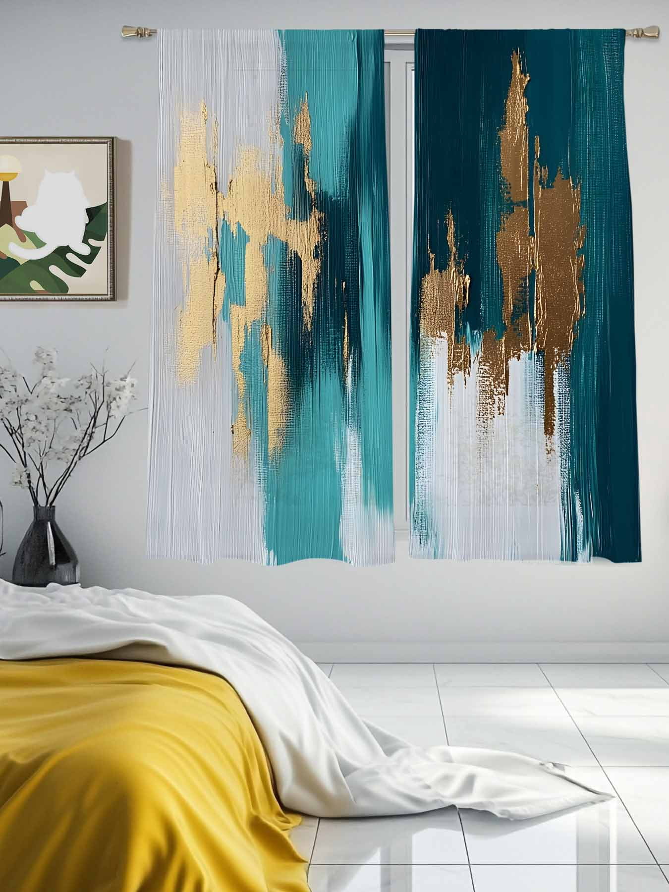 Blue Green Marble Texture Chiffon Sheer Curtains 63 Inches Long ...
