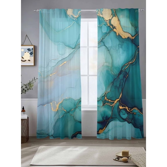 Blue Green Marble Texture Chiffon Sheer Curtains 84 Inches Long Golden ...