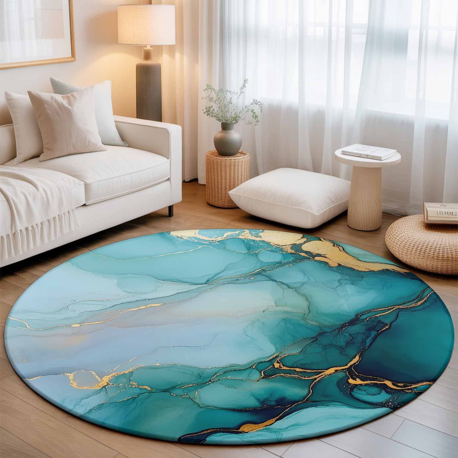Blue Green Marble Texture Round Rug 5ft Golden Line Pattern Washable ...