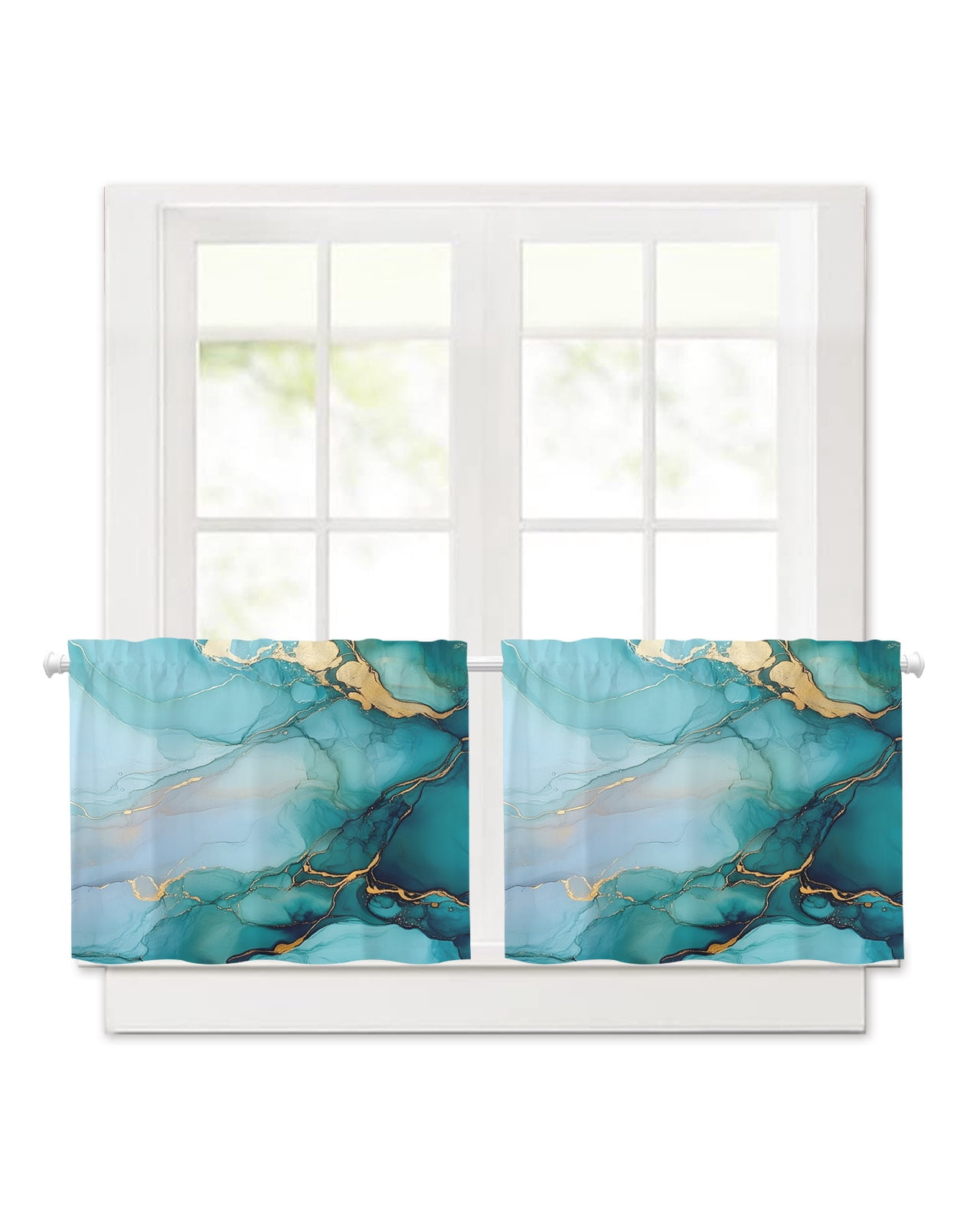Blue Green Marble Texture Short Blackout Curtains 24 Inch Long,Golden ...
