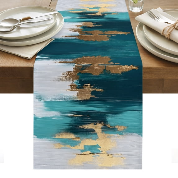 Blue Green Marble Texture Table Runner 13x48in Non-Slip Cotton Linen ...