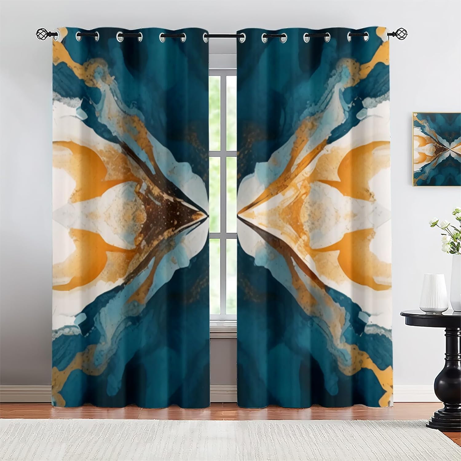 Blue Green Marble Window Drapes, Gold Texture Decorative Privacy ...