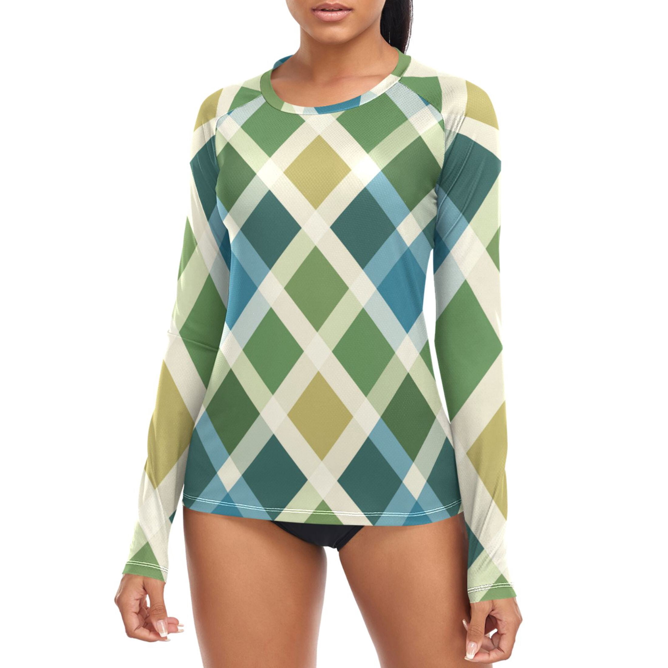 Blue Green Mixture Plaids Diagonal Women's Rash Guard Shirts UPF 50 ...