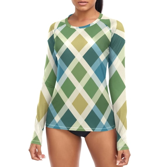 Blue Green Mixture Plaids Diagonal Women's Rash Guard Shirts UPF 50 ...