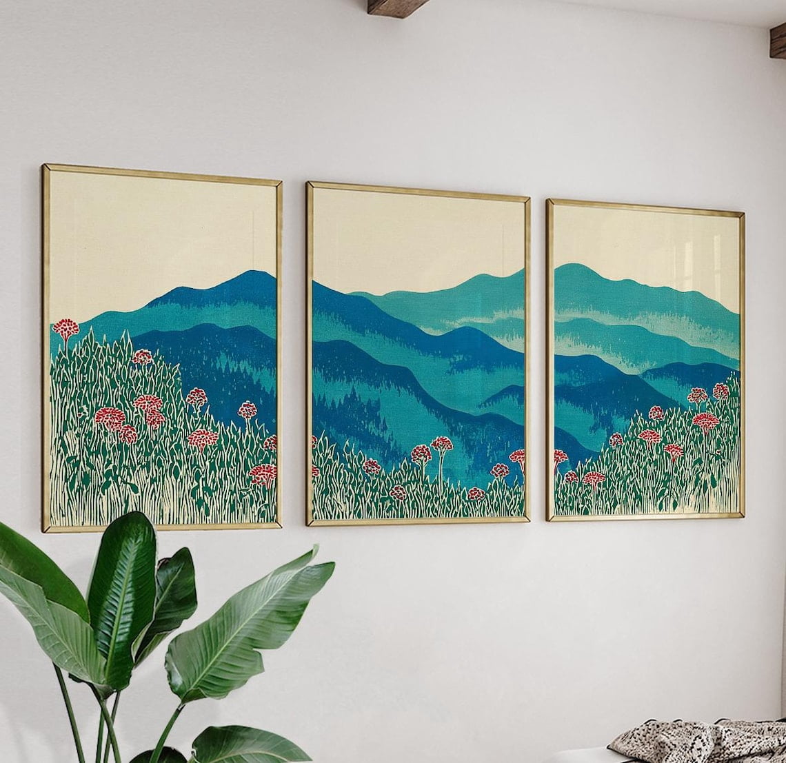 Blue Green Mountain Landscape Botanical Nature Triptych Art Set 3 ...