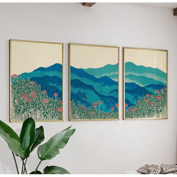 Blue Green Mountain Landscape Botanical Nature Triptych Art Set 3 ...