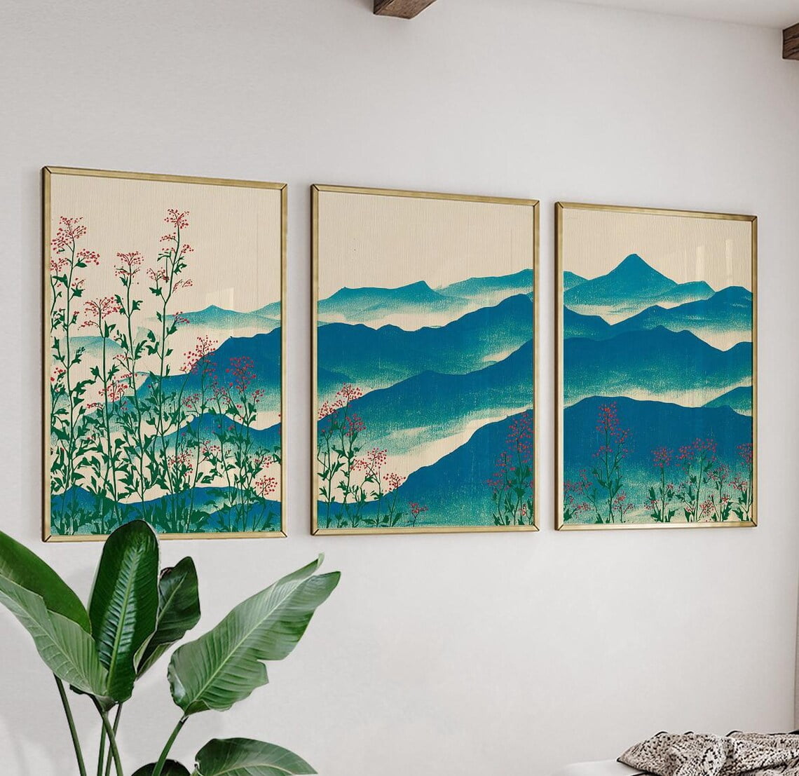 Blue Green Mountain Landscape Botanical Triptych Art Set 3 Unframed ...