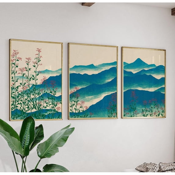 Blue Green Mountain Landscape Botanical Triptych Art Set 3 Unframed ...