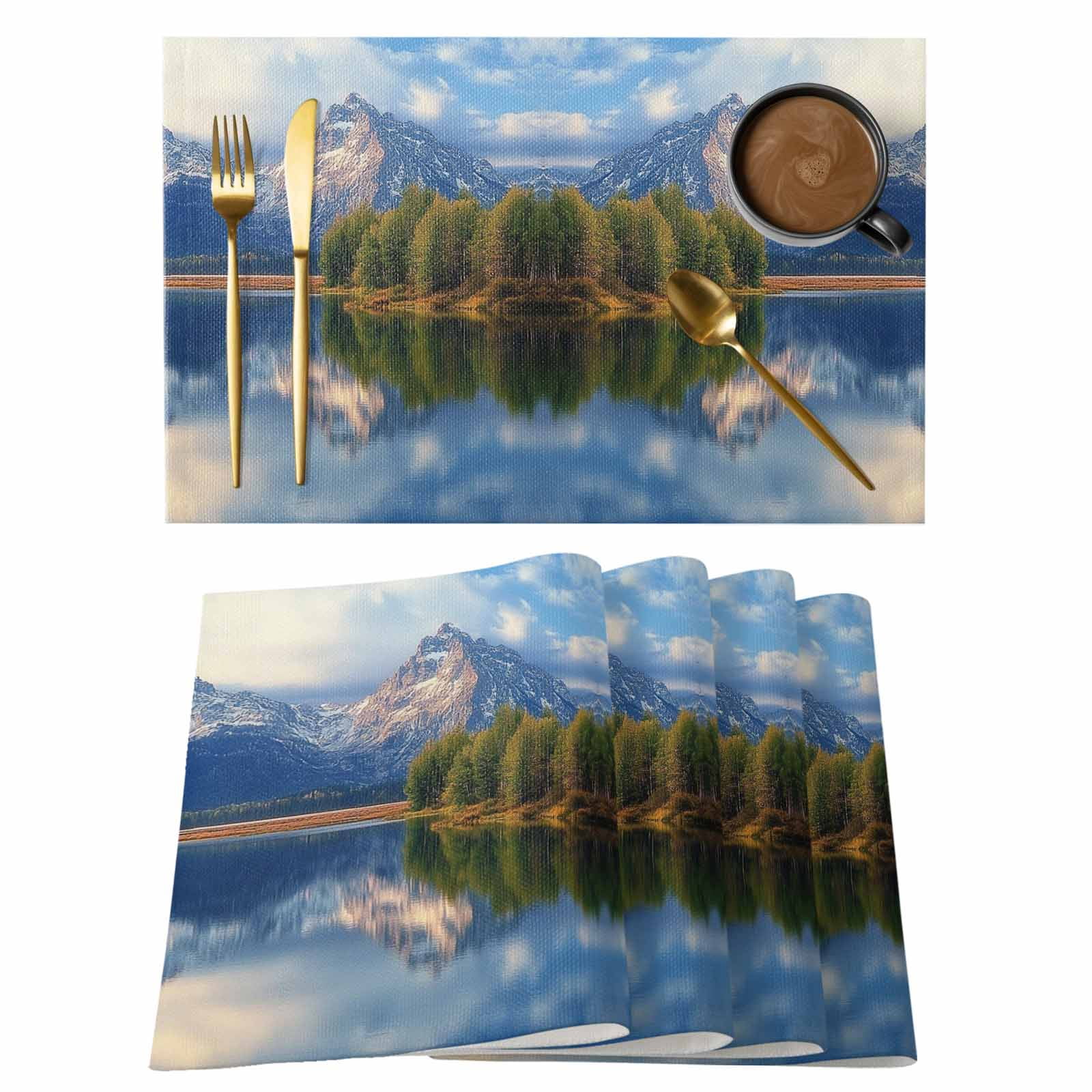 Blue Green Mountain Placemats Set of 8 Forest Pastoral Modern Art Place ...
