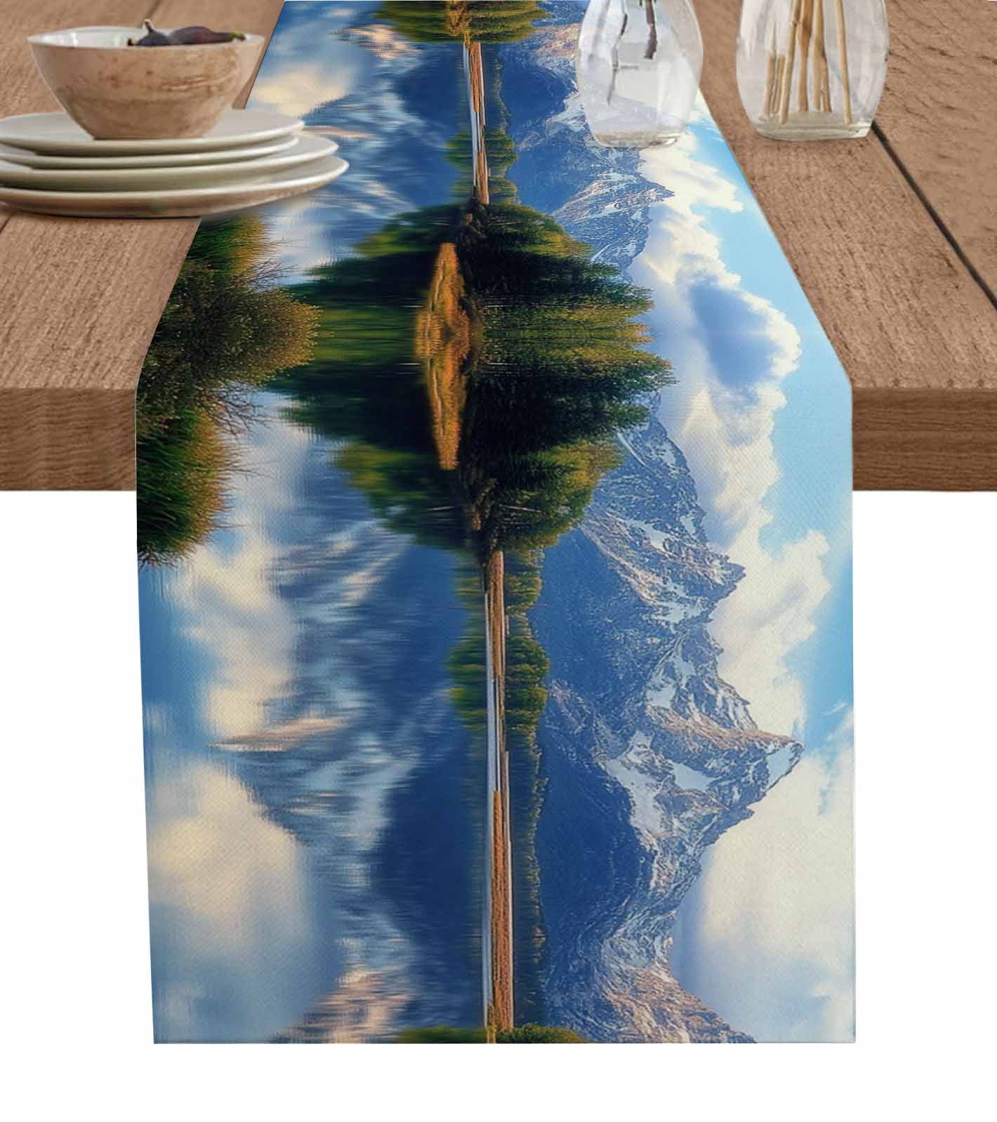 Blue Green Mountain Table Runner 90 Inches, Forest Pastoral Modern Art ...