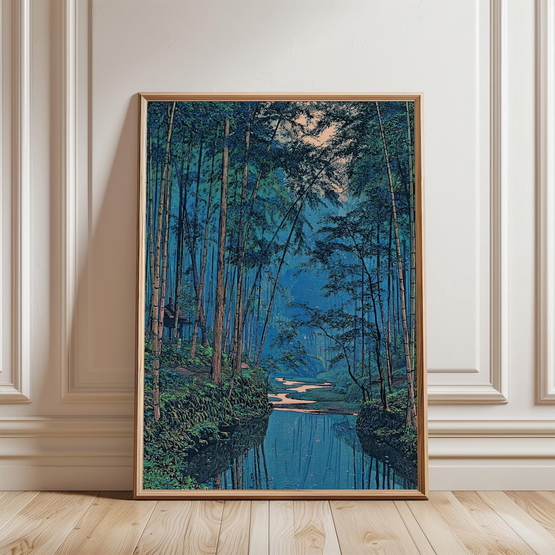 Blue Green Nature Art Bamboo Forest River Japanese Woodblock Style ...