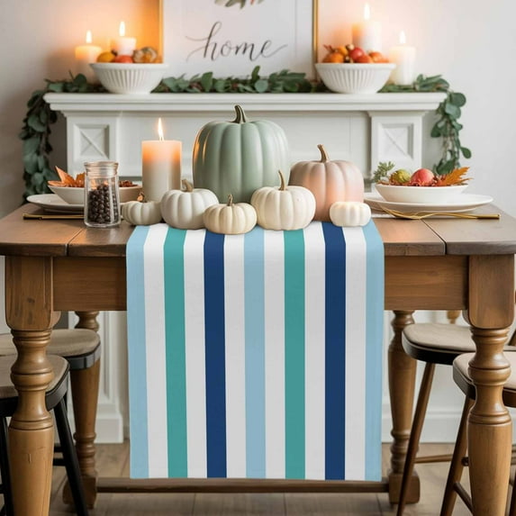 Blue Green Navy Stripes Cotton Linen Table Runner, Washable Table ...