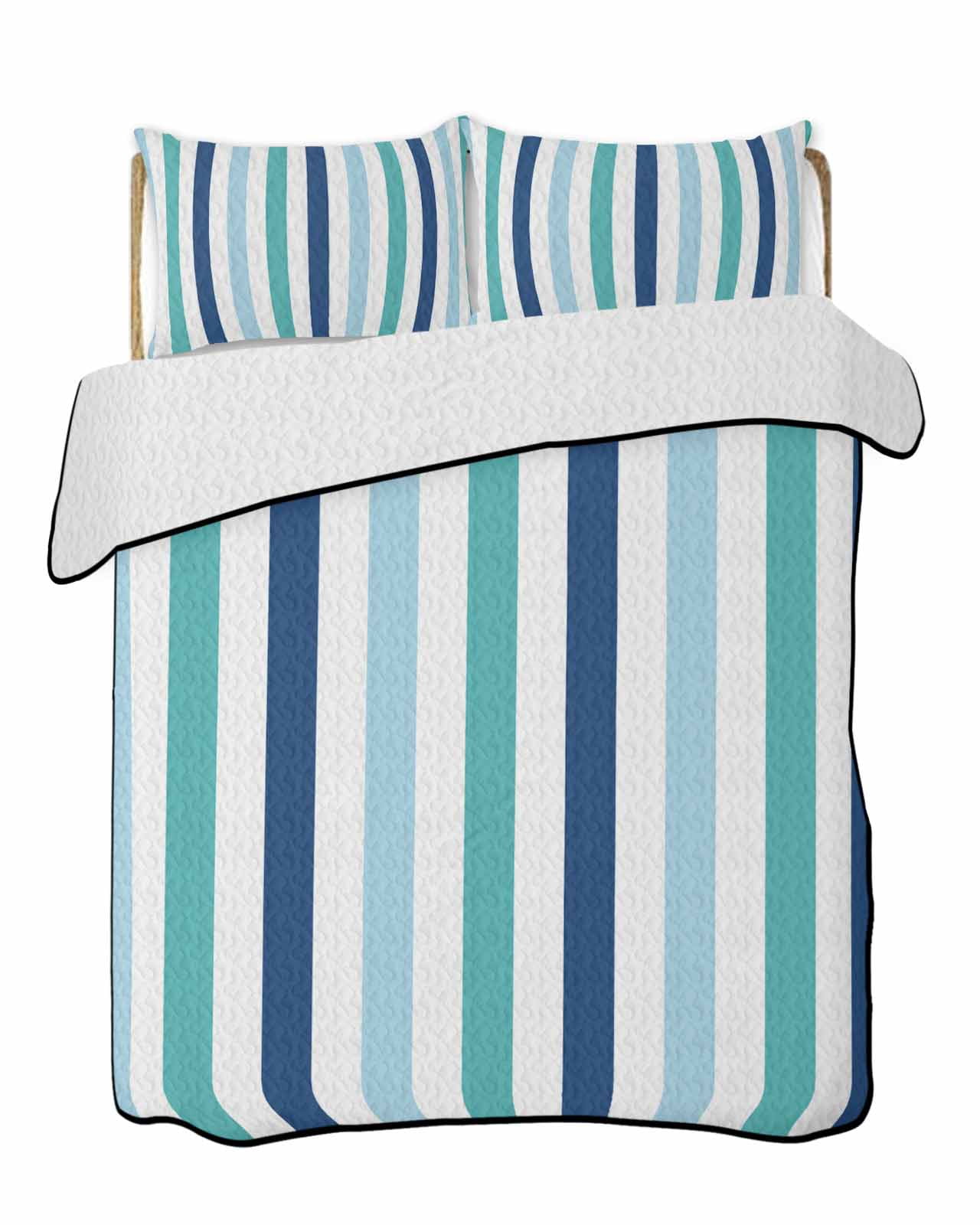 Blue Green Navy Stripes Quilts Bedding Set Queen Size Minimalist ...