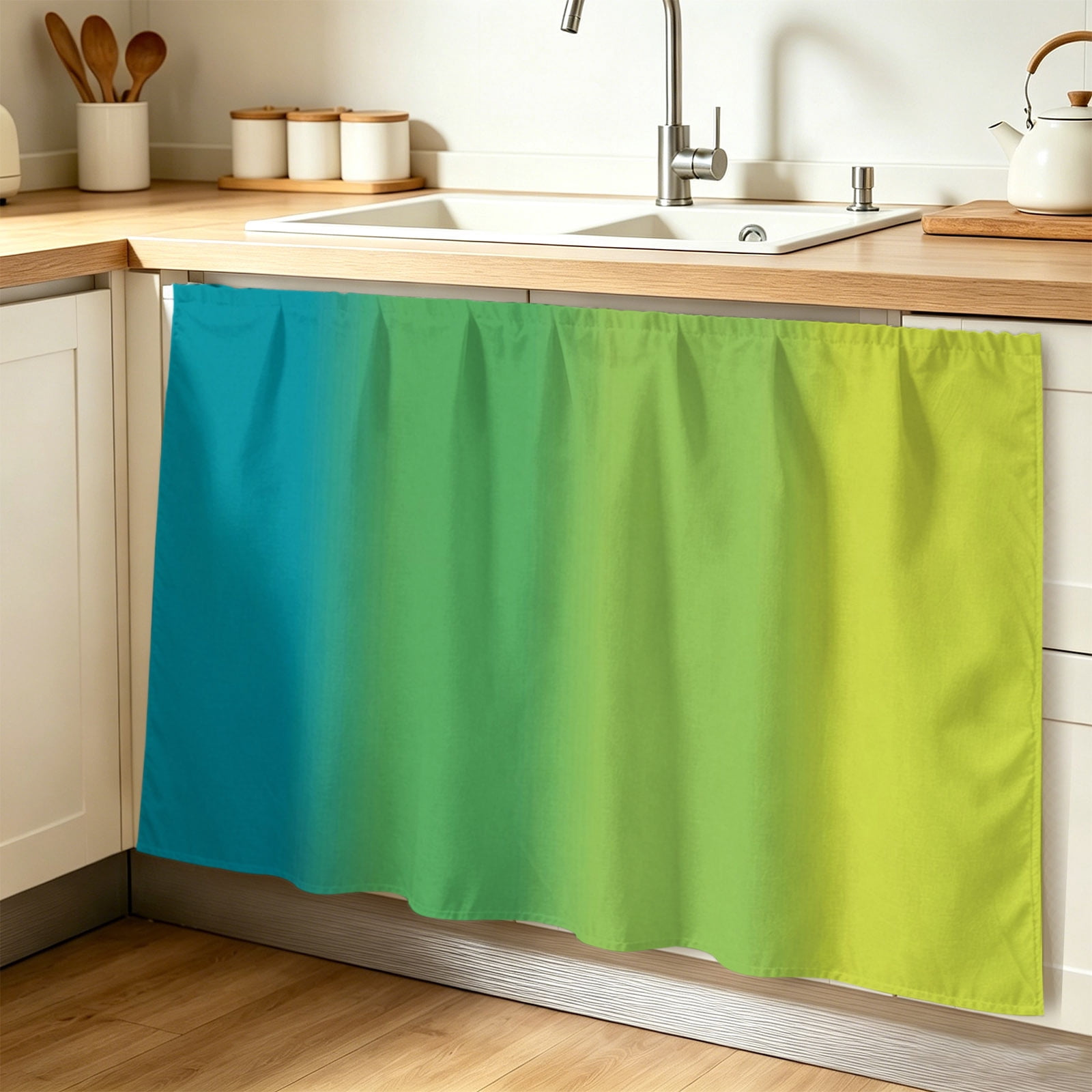 Blue Green Ombre Cabinet Curtain 28"W x 51"L, Vertical Striped Abstract ...
