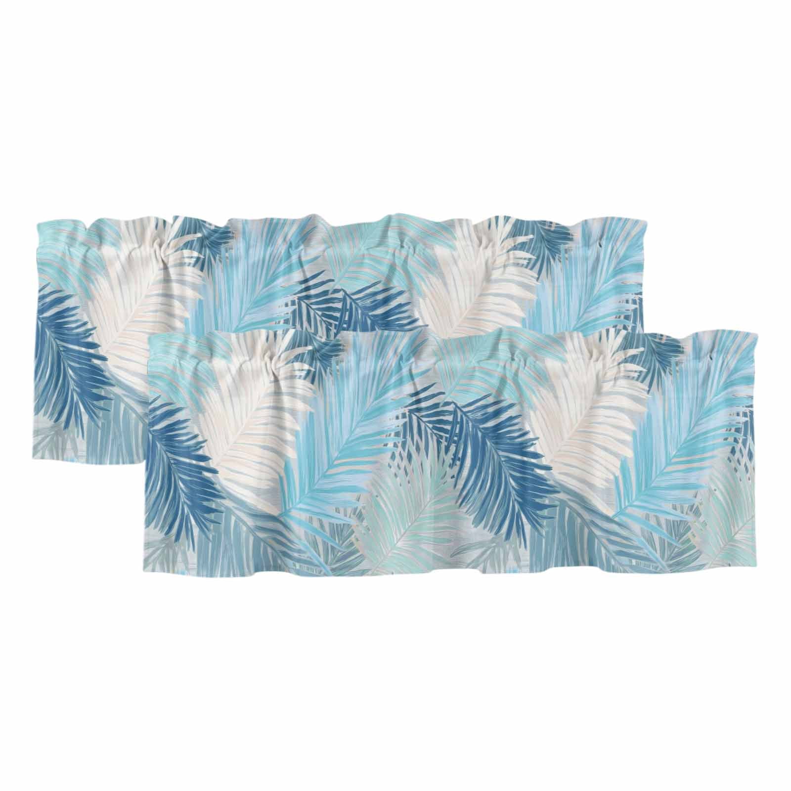 Blue Green Palm Leaves 2 Panels Kitchen Valance, Summer Tropical ...