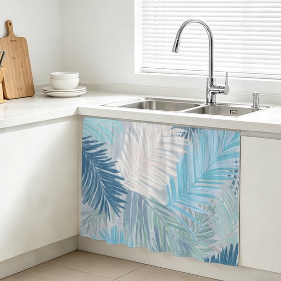 Blue Green Palm Leaves Cabinet Curtains for Kitchen 10"W x 11"L, Summer ...