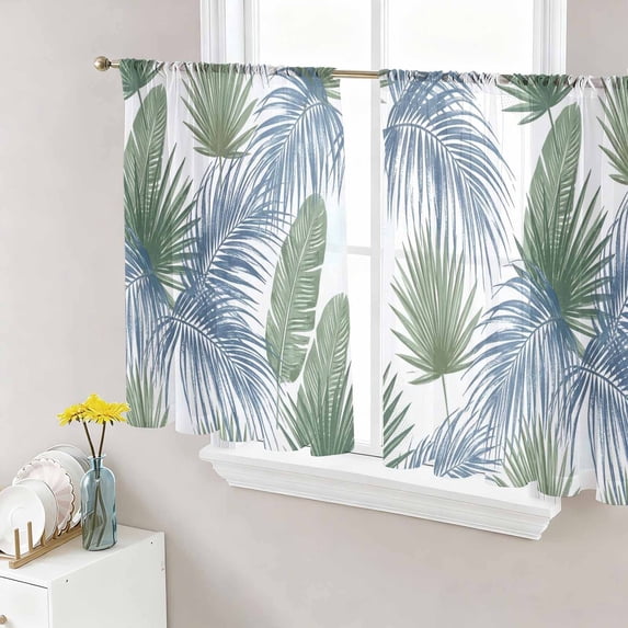 Blue Green Palm Leaves Sheer Curtains 45 Inch Length 2 Panels Set ...