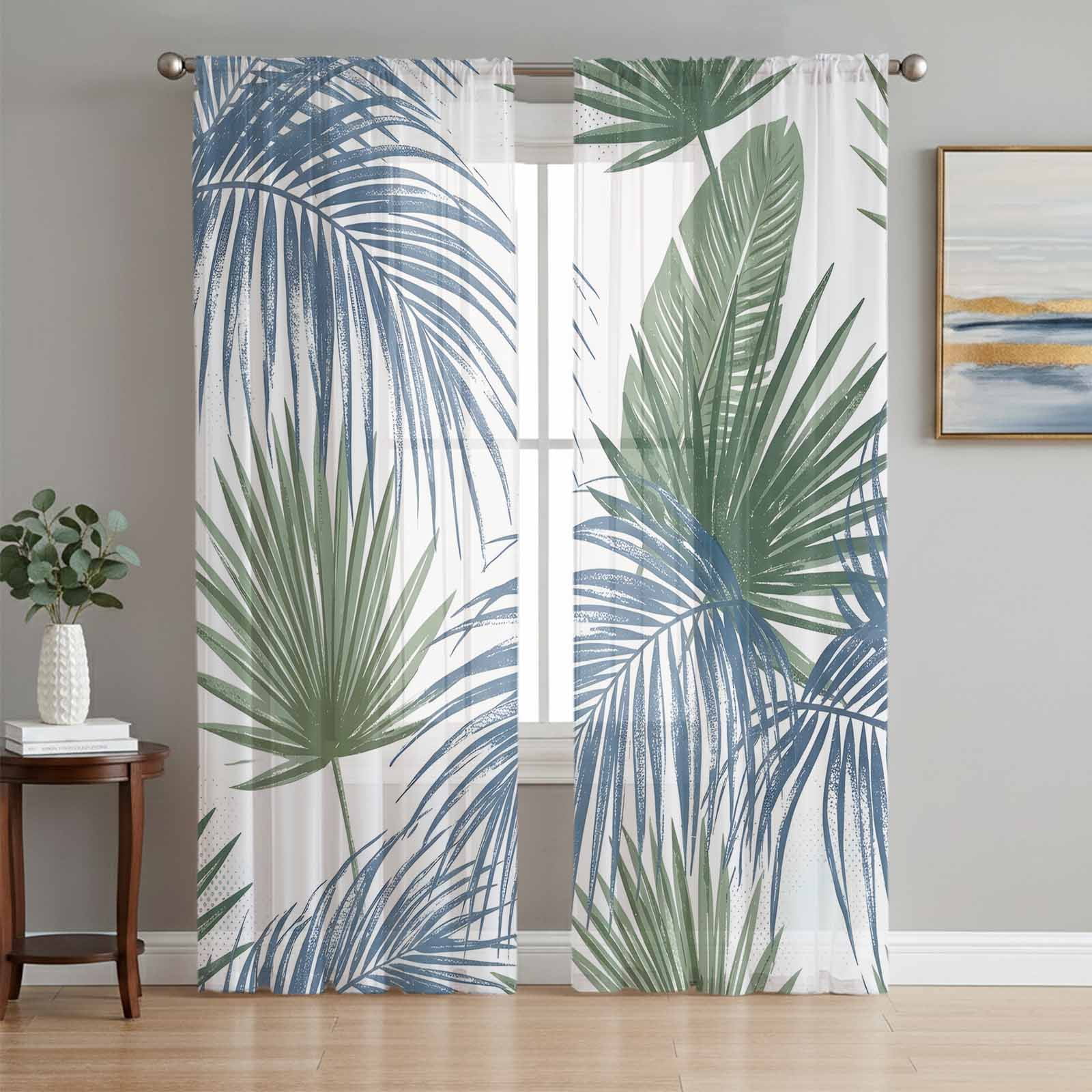 Blue Green Palm Leaves Sheer Curtains for Living Room Bedroom Seaside ...