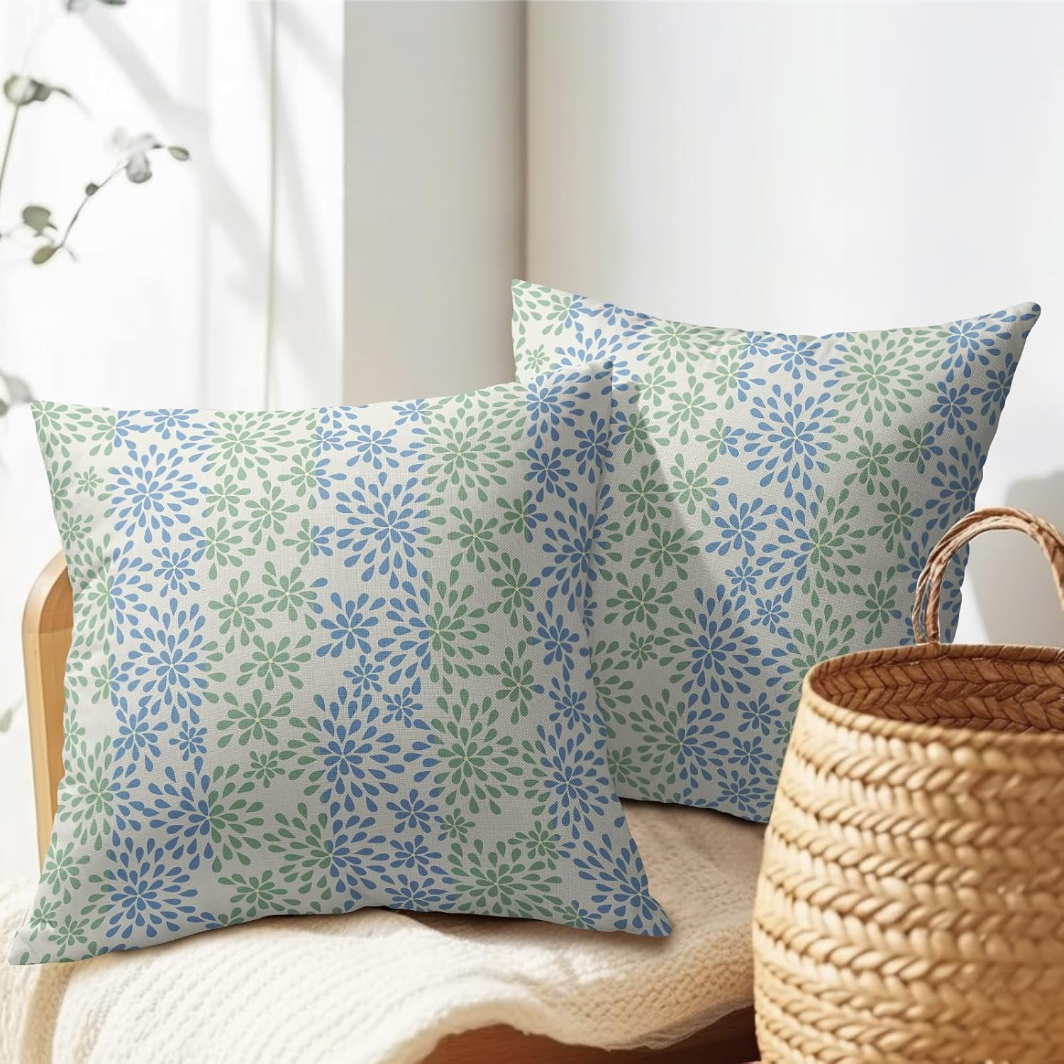 Blue Green Pillow Covers 16x16 Set of 2 Modern Geometry Dahlia Floral ...