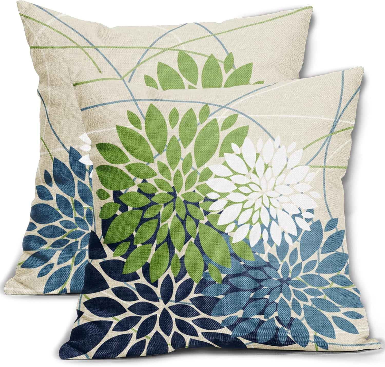 Blue Green Pillow Covers 18x18 White Flower Elegant Colored Decorative ...