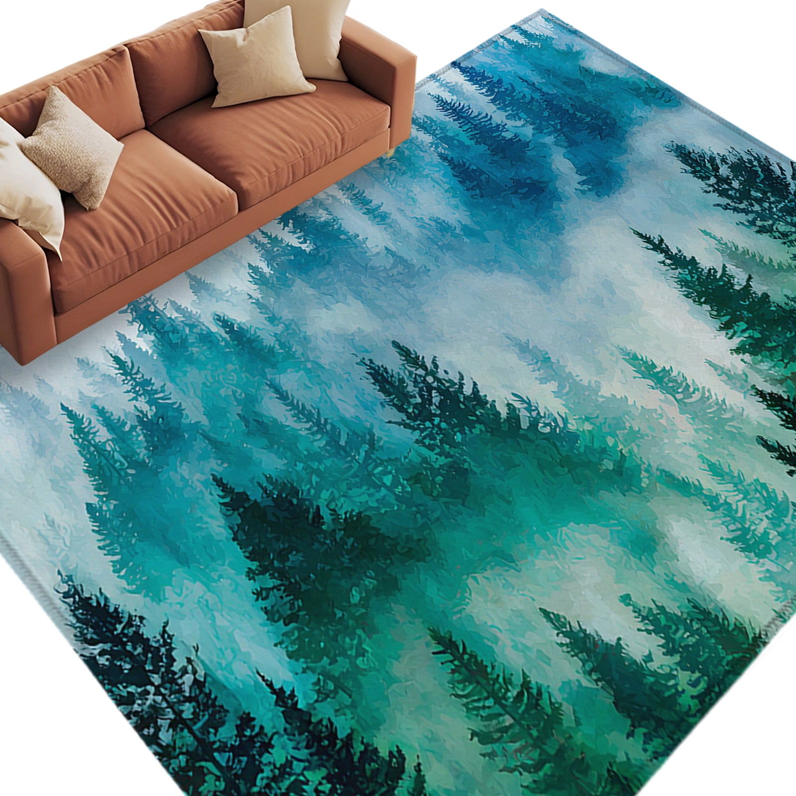 Blue Green Pine Trees Area Rug 6x9 Washable Rug Non Slip Modern ...