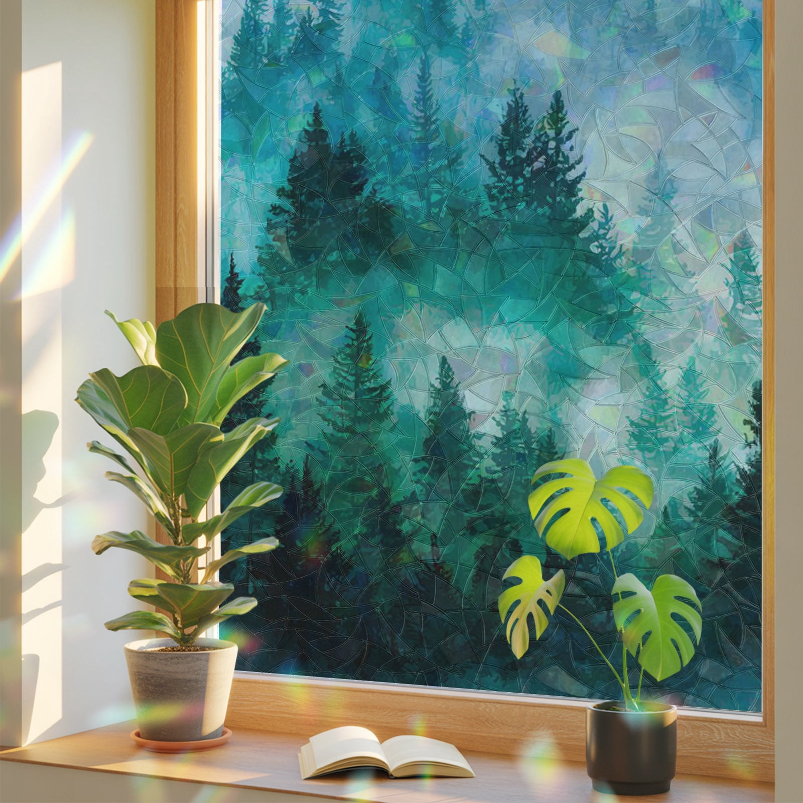 Blue Green Pine Trees Window Privacy Film Rainbow Static Cling Stain ...