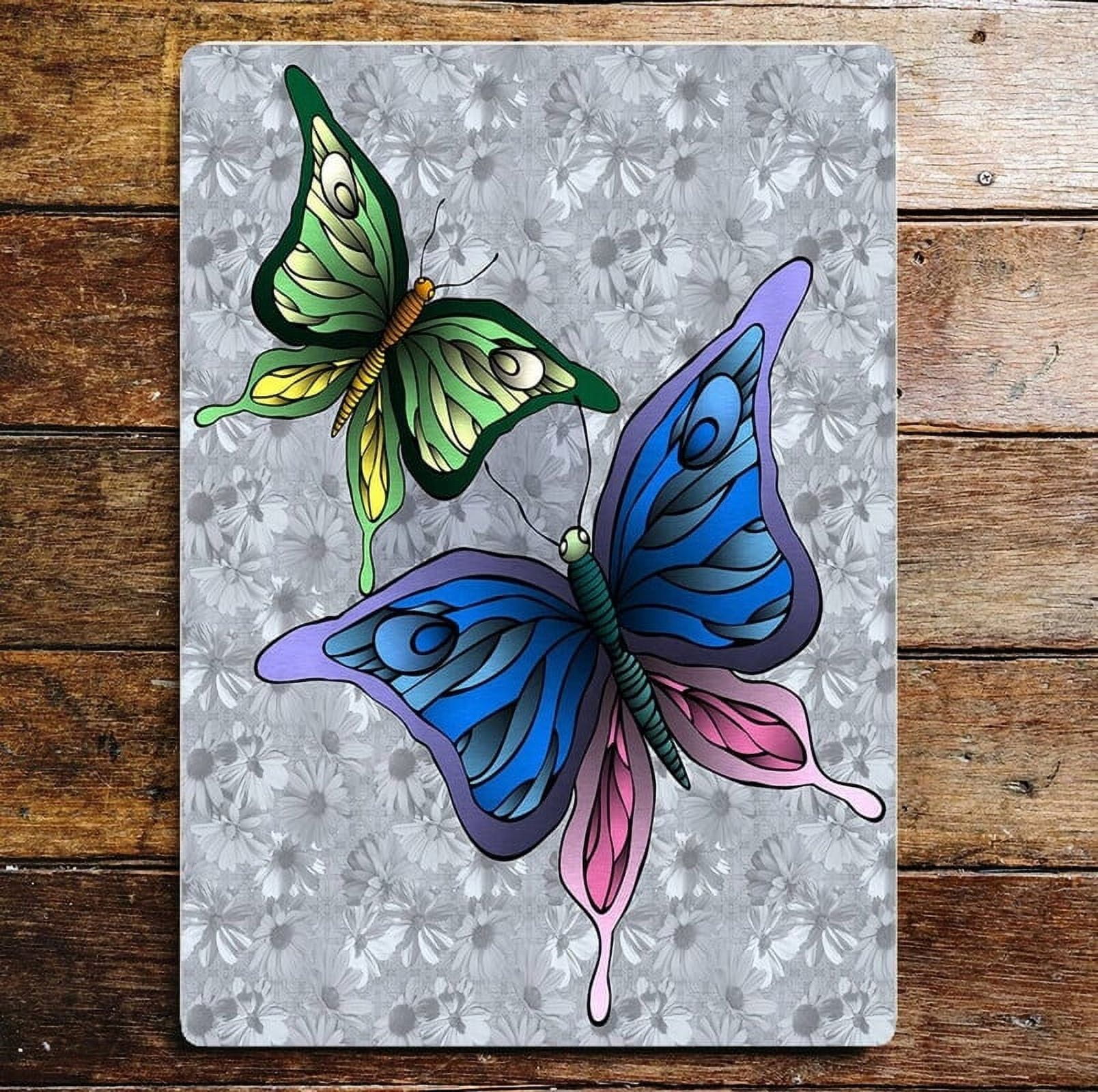 Blue Green Pink Butterflies Grey Flower Metal Sign Plaque 12×8 Inch ...