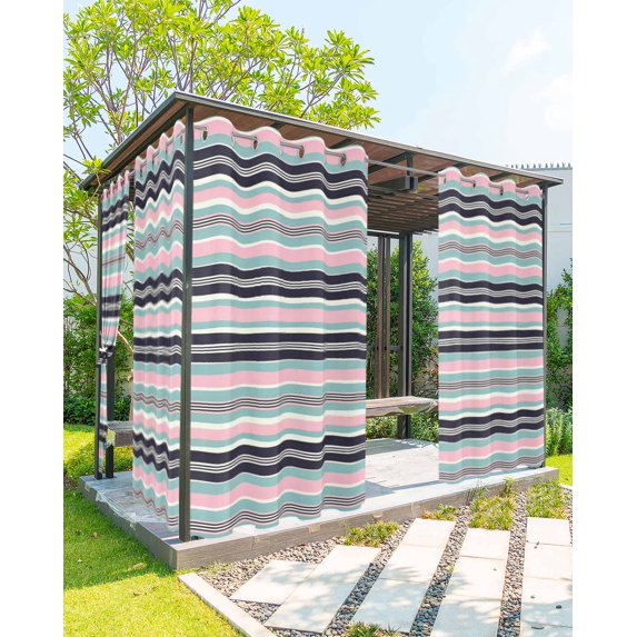 Blue Green Pink Striped Outdoor Curtains for Patio, Farmhouse Vintage ...