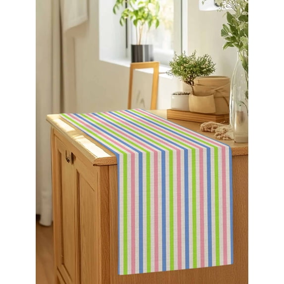 Blue Green Pink Stripes on Linen Table Runner 36 Inches Long,Kitchen ...