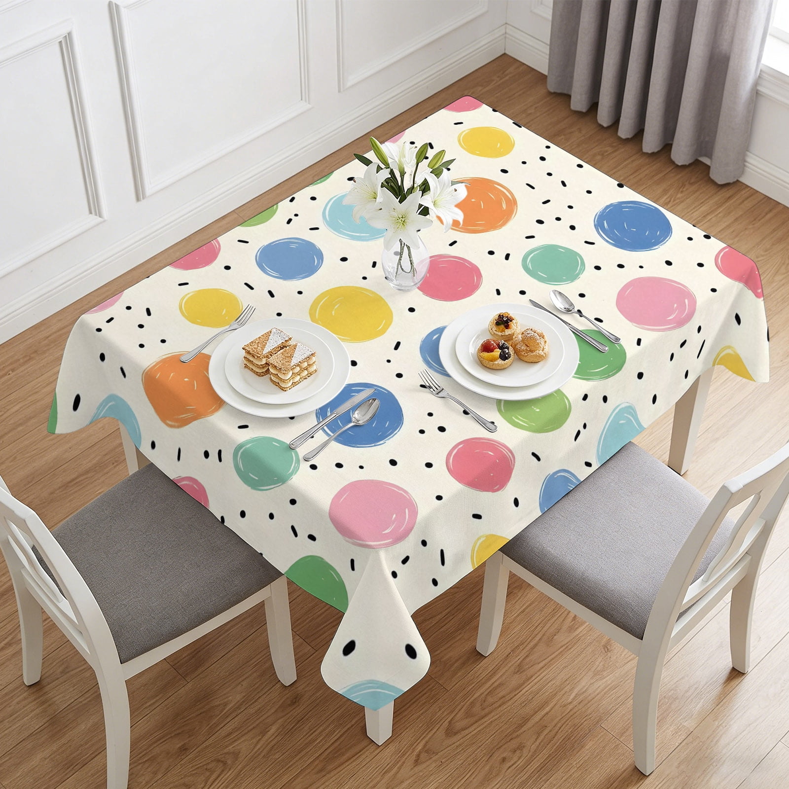Blue Green Pink Yellow Dots Table Cloth 60x84in, Waterproof Rectangle ...