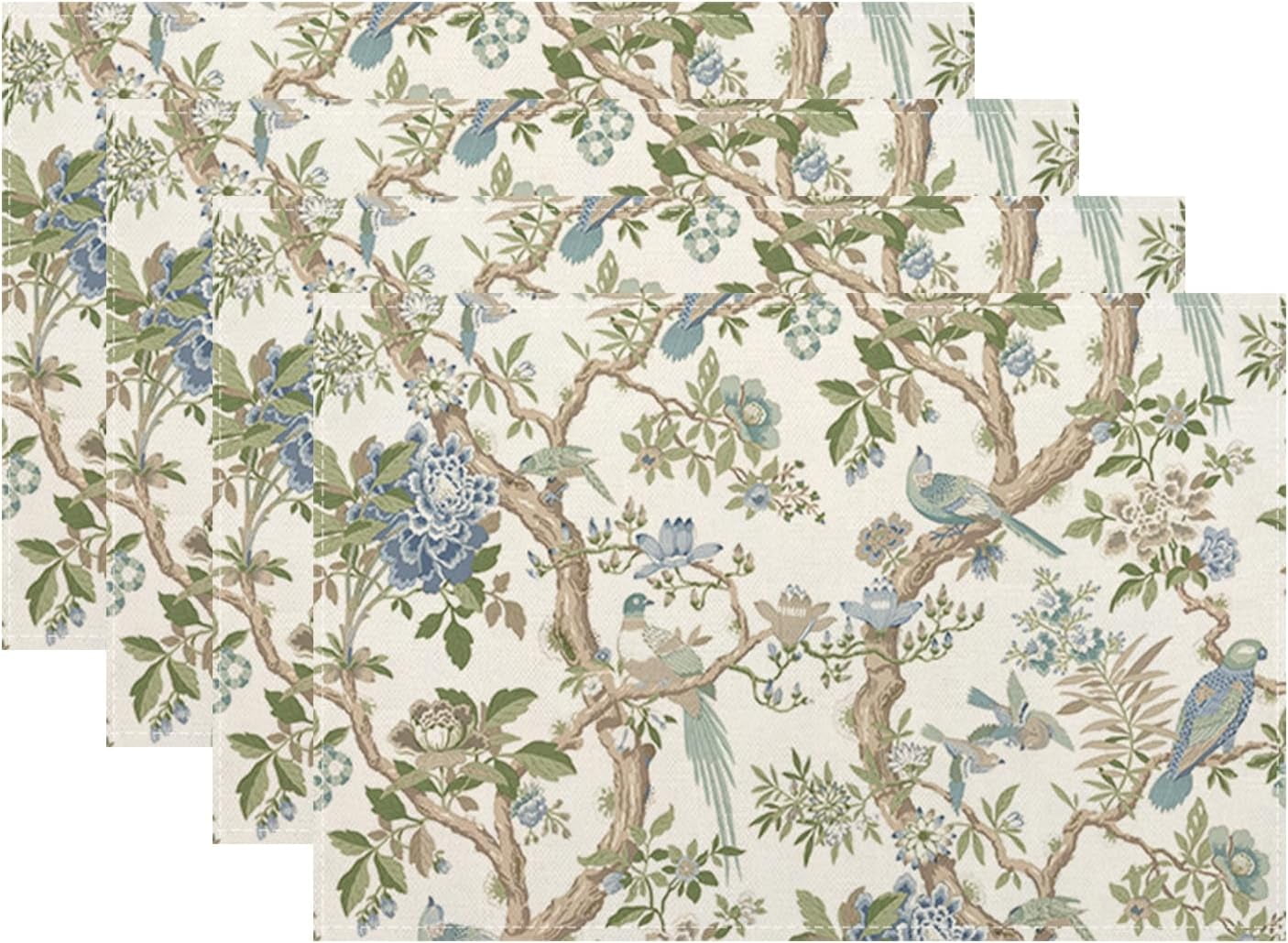 Blue Green Placemats Set of 4, 12x18 Inch Spring Floral Bird Table Mats ...