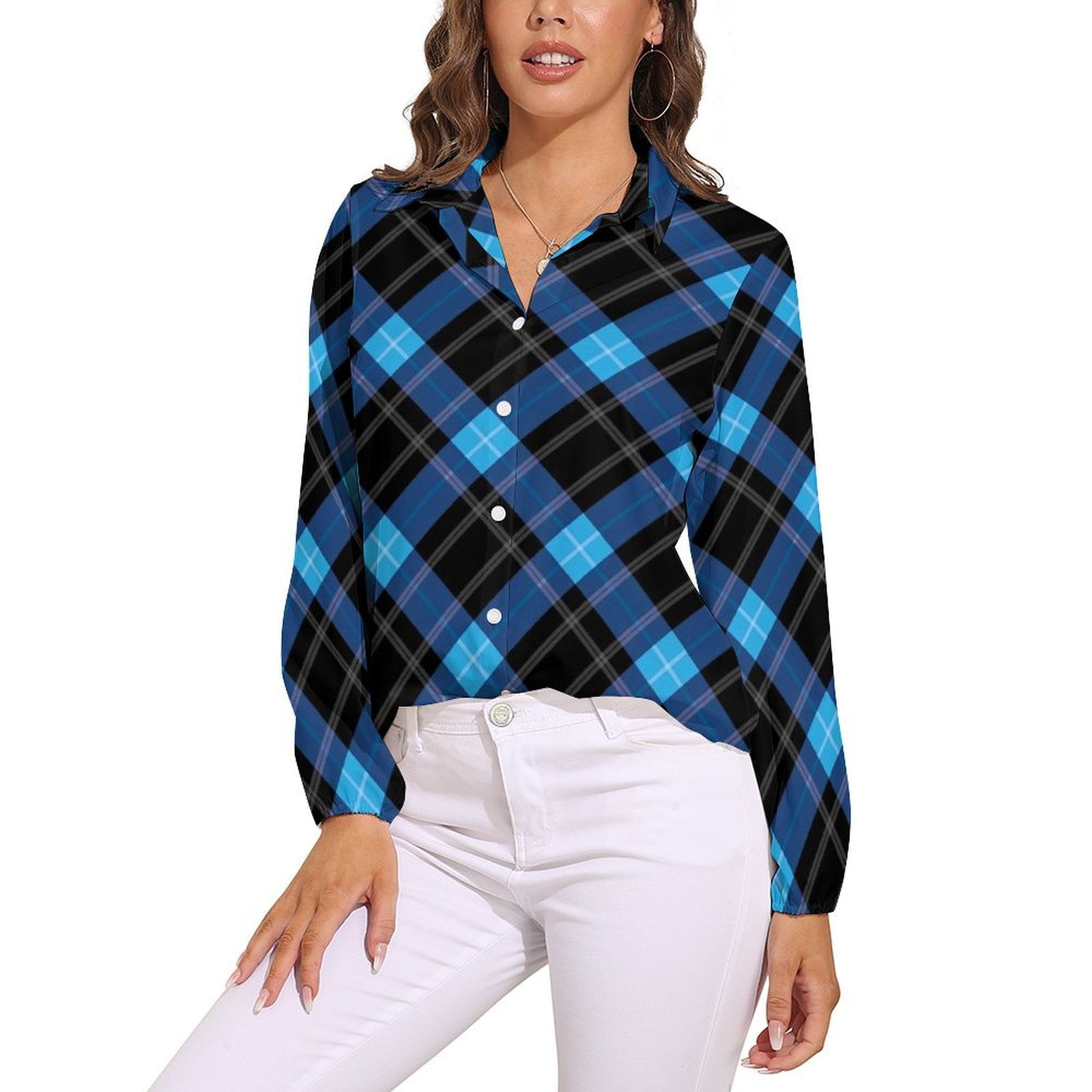 Blue Green Plaid Blouse Long-Sleeve Checkerboard Kawaii Blouses Woman ...