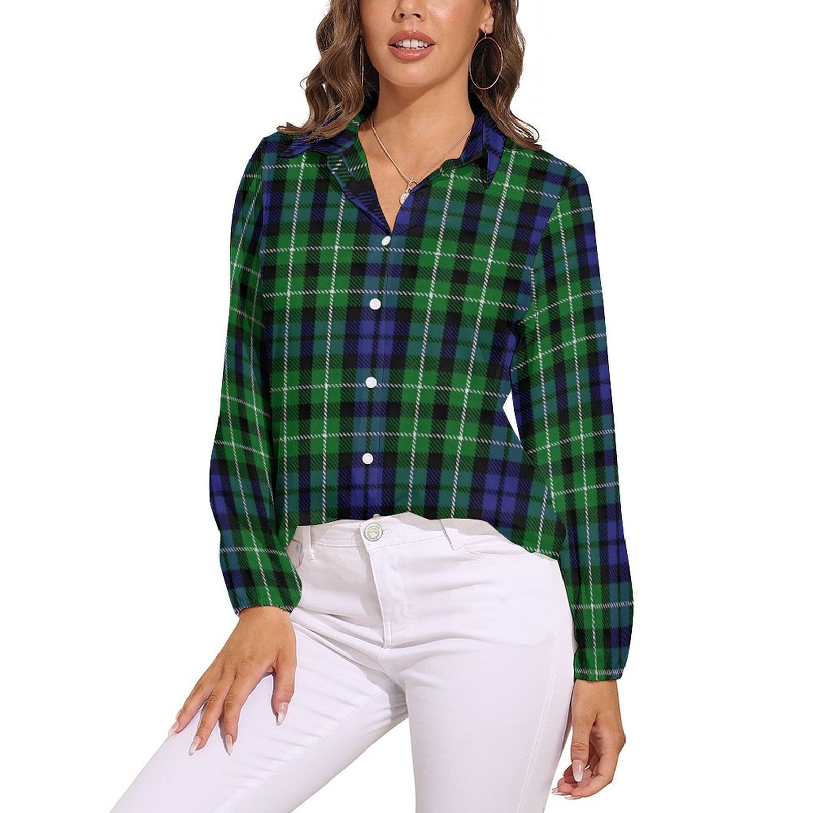 Blue Green Plaid Blouse Long-Sleeve Checkerboard Kawaii Blouses Woman ...