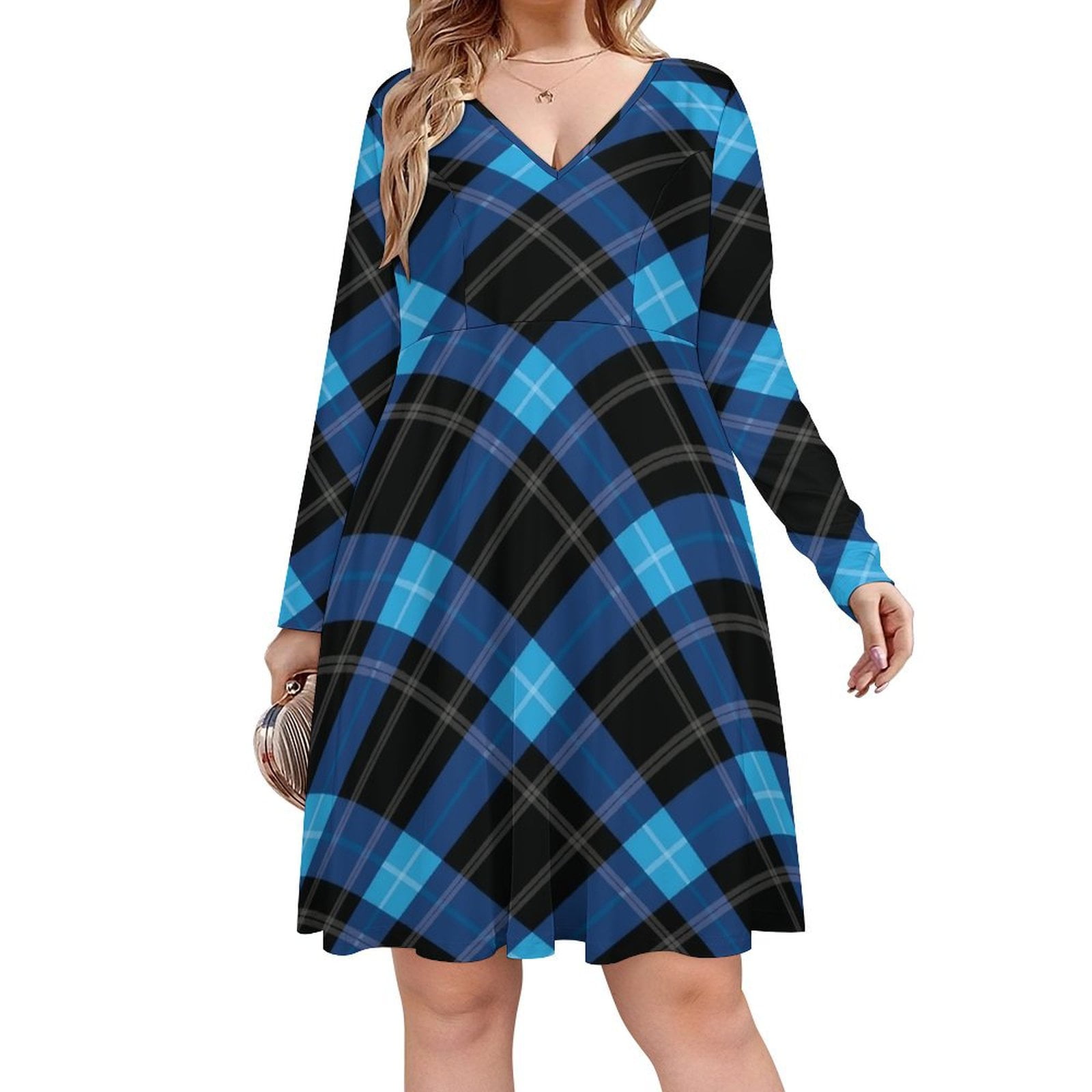 Blue Green Plaid Long Sleeve Dresses For Women Vintage Elegant Party Dress Oversized V-neck ...