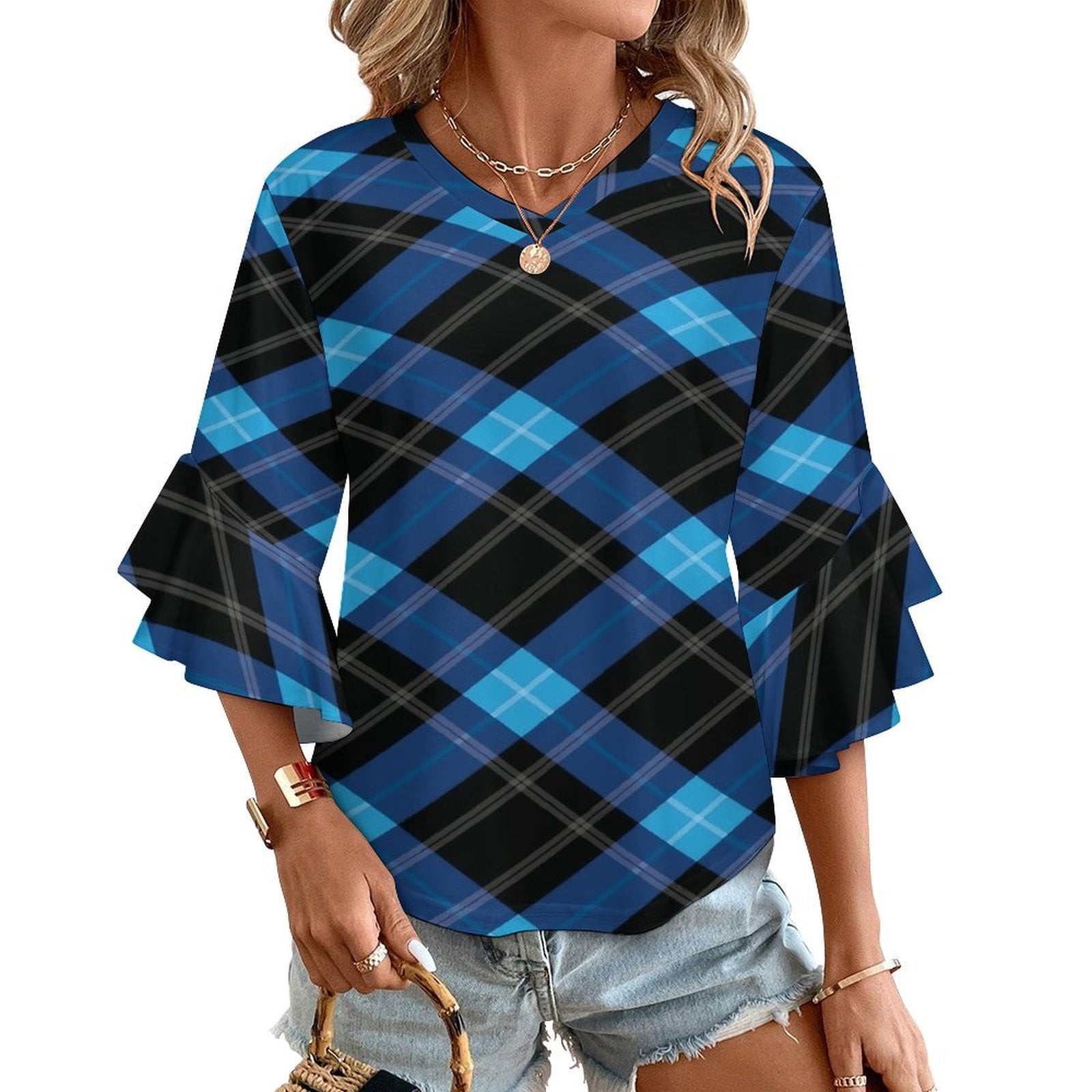 Blue Green Plaid Women's V-Neck Blouse With 3/4 Ruffled Bell Sleeves ...