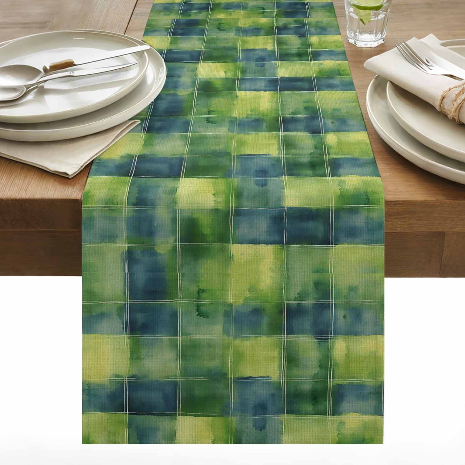 Blue Green Plaids Cotton Linen Table Runner Geometric Watercolor Grids ...
